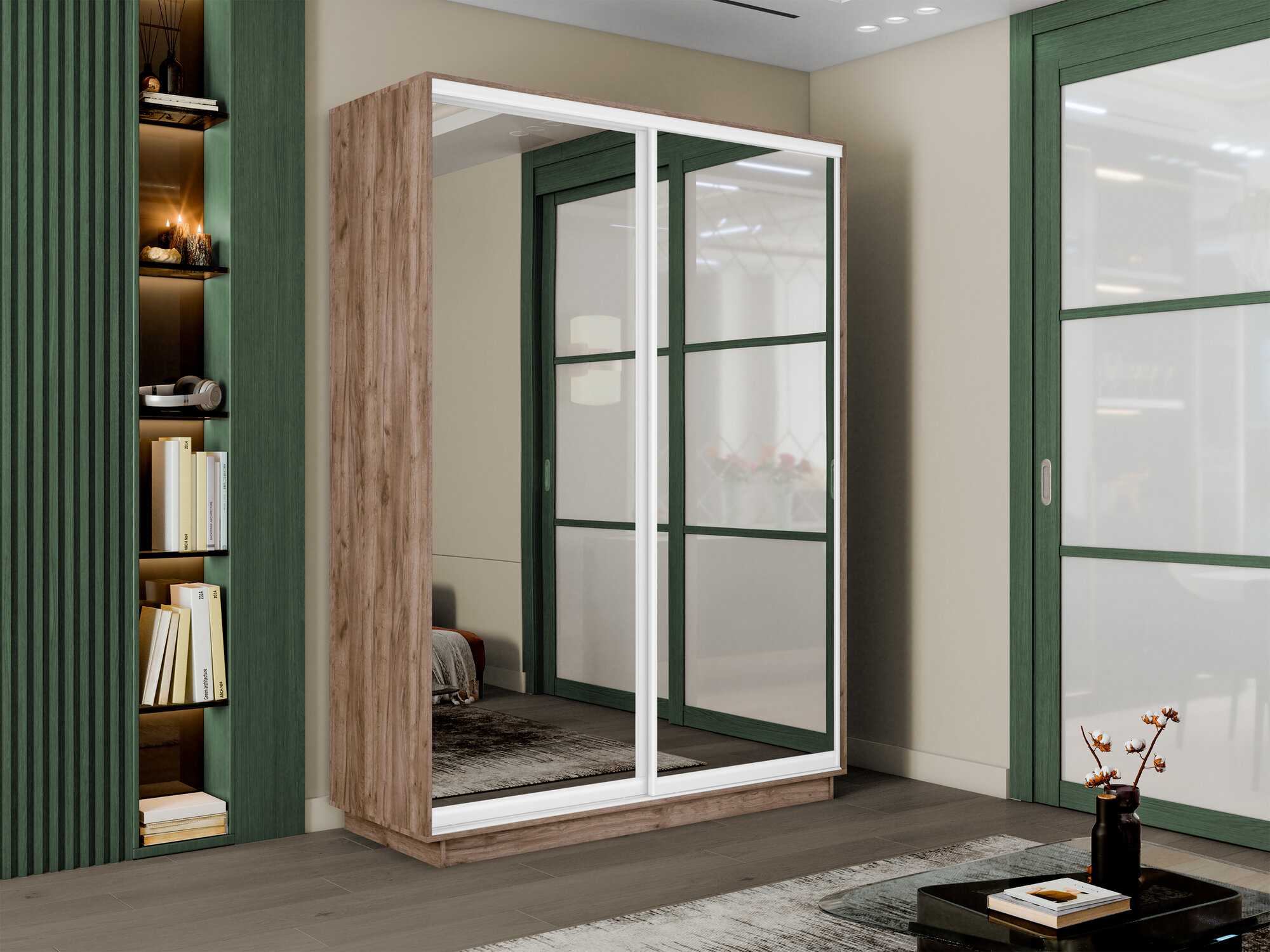 Шкаф купе Вилли 2-х дверный ЛДСП, зеркальные двери, профиль белый 120 см х 220 см х 60 см (Крафт табачный)