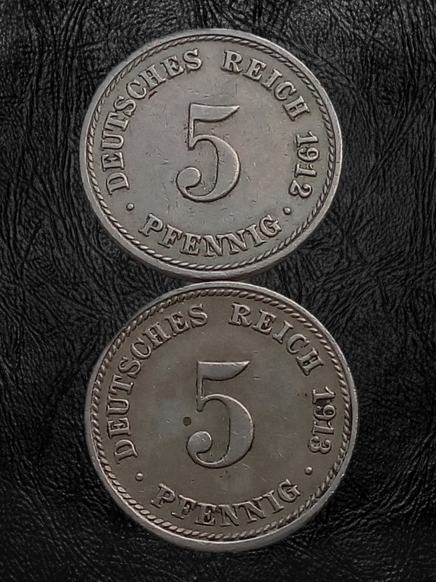 Германия 5 пфеннигов 1912 A, 1913 D. Две монеты