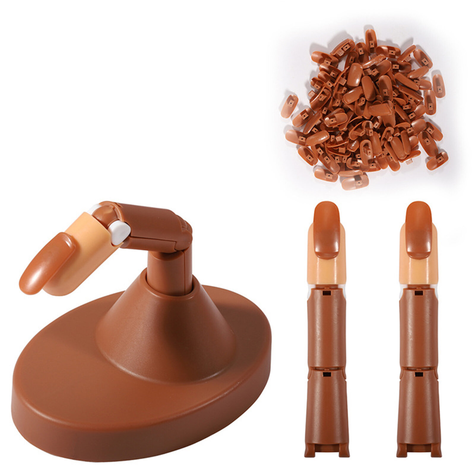 Набор инструментов для маникюра Пρακтическая рука для ногтей с регулируемыми фиктивными пальцами из АБС для тренировки акриловых ногтей подвижные 01 Brown, 02 White (Доступно) с 100 штуками коффицированных ногтевых пластинок Размер упаковки