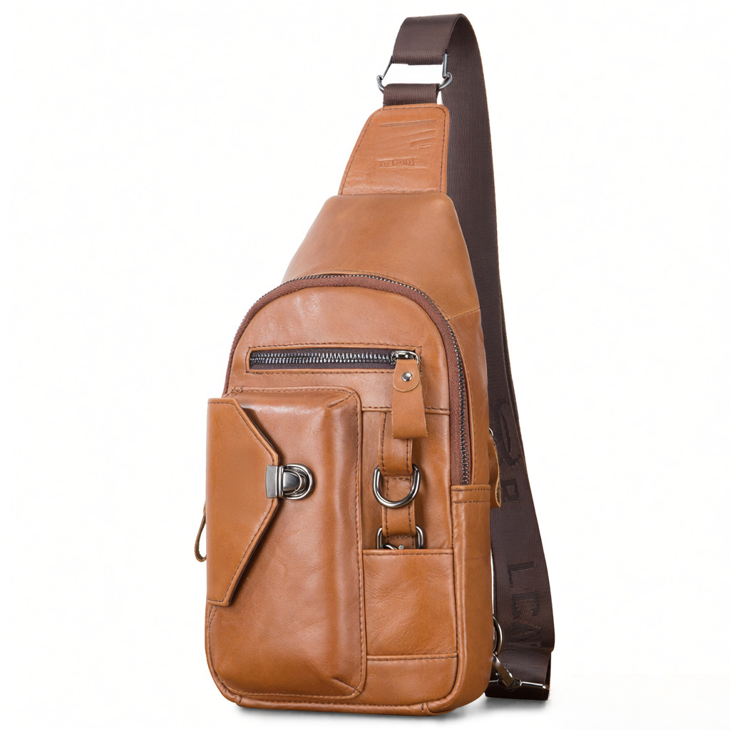 Мужской кожаный сумка-слинг с держателем для телефона водонепроницаемый крестовидный рюкзак грудной плечевой для походов велосипедных поездок альпинизма путешествий Черный Коричневый Желто-коричневый 31*17*9 см 440 г 1 шт.