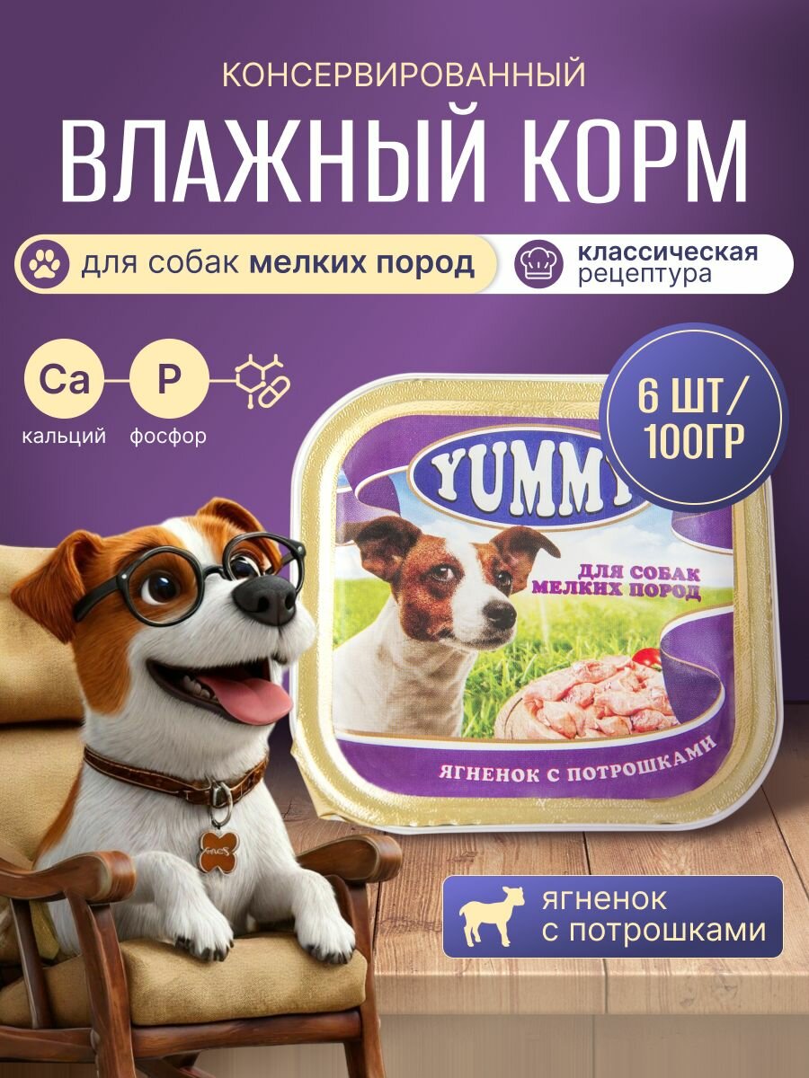 Yummy Влажный корм для собак мелких пород, с ягненком и потрошками, 100 гр. * 6 шт.