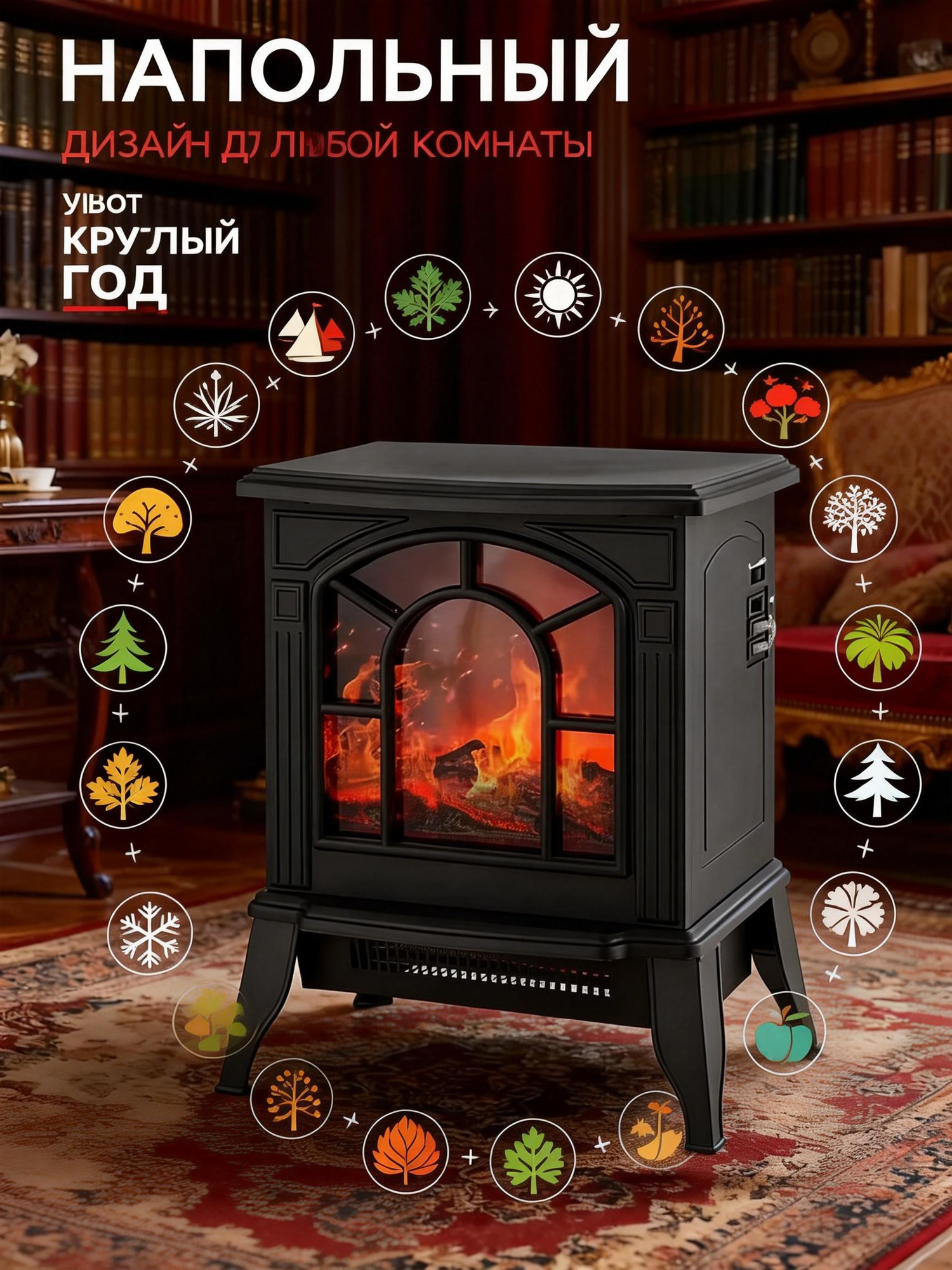 Камин электрический напольный, с обогревом и имитацией огня (Электрокамин)