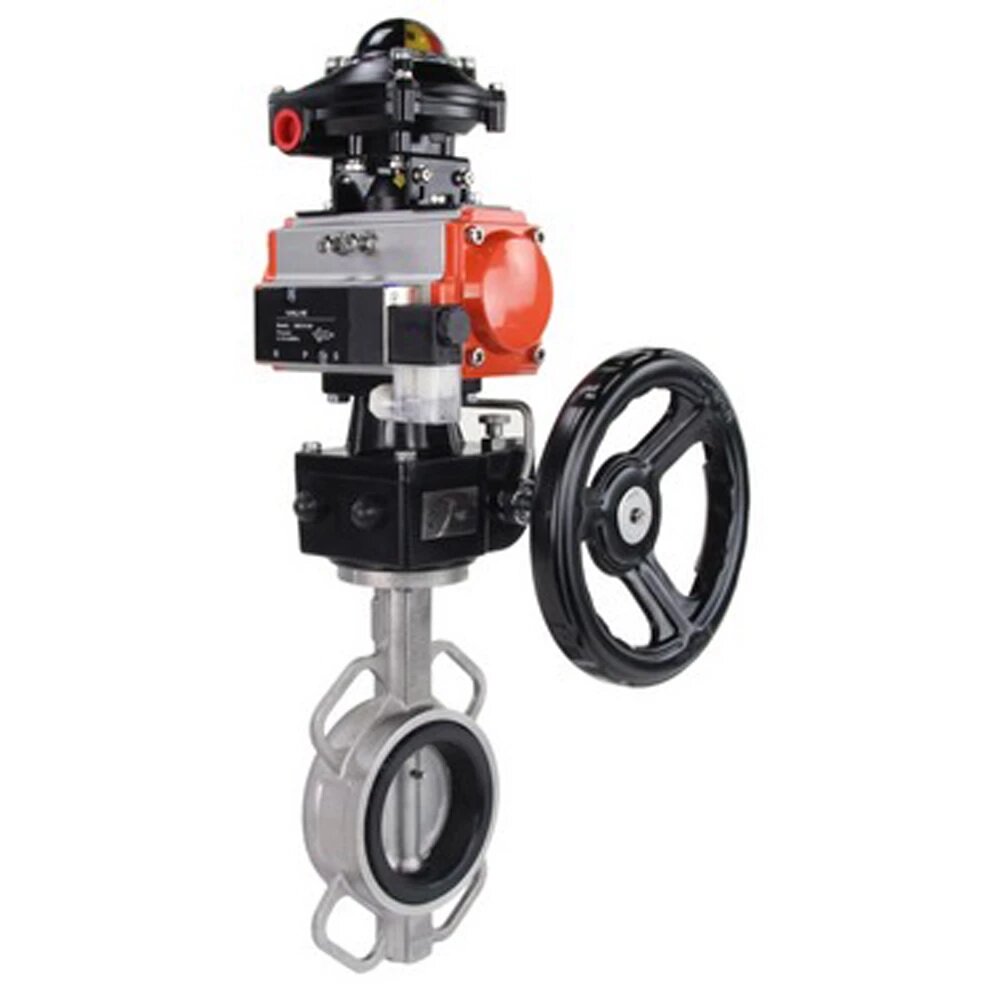 Затвор дисковый поворотный DN. ru 304-304-VITON-2W-Fb-H Ду65 Ру16, нержавеющая сталь 304, уплотнение - VITON, с пневмоприводом DA-065, пневмораспределителем PND2-S1EM-52-1NC-J08-220VAC, БКВ LSB-410-02ExM12-250 и ручным дублером HDM-1