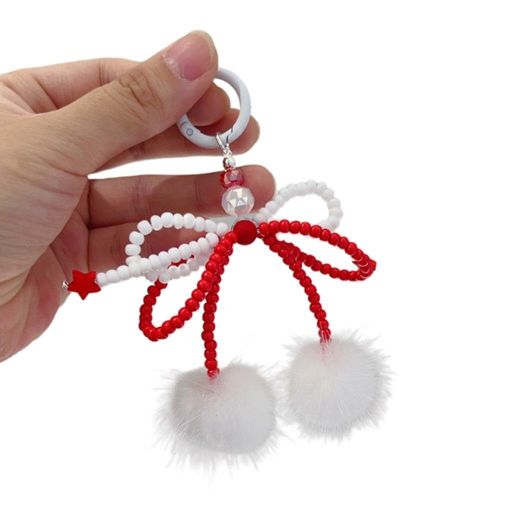 Брелок, Цепочка для мобильного телефона с бантиком из волос-белый красный бисер Белый