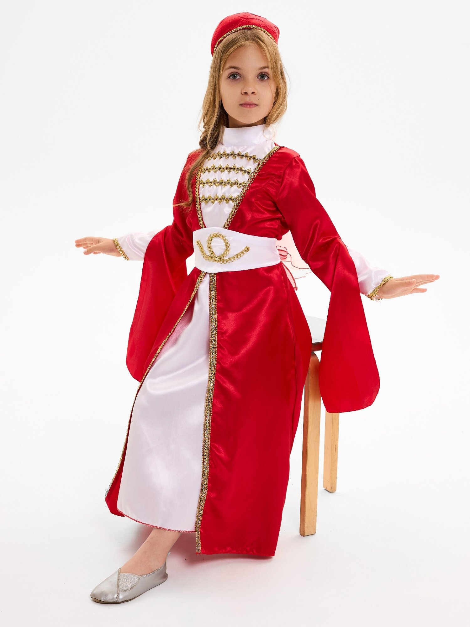 Костюм Грузинка, красно-белый, бархат/хлопок, рост 104-122, для девочек