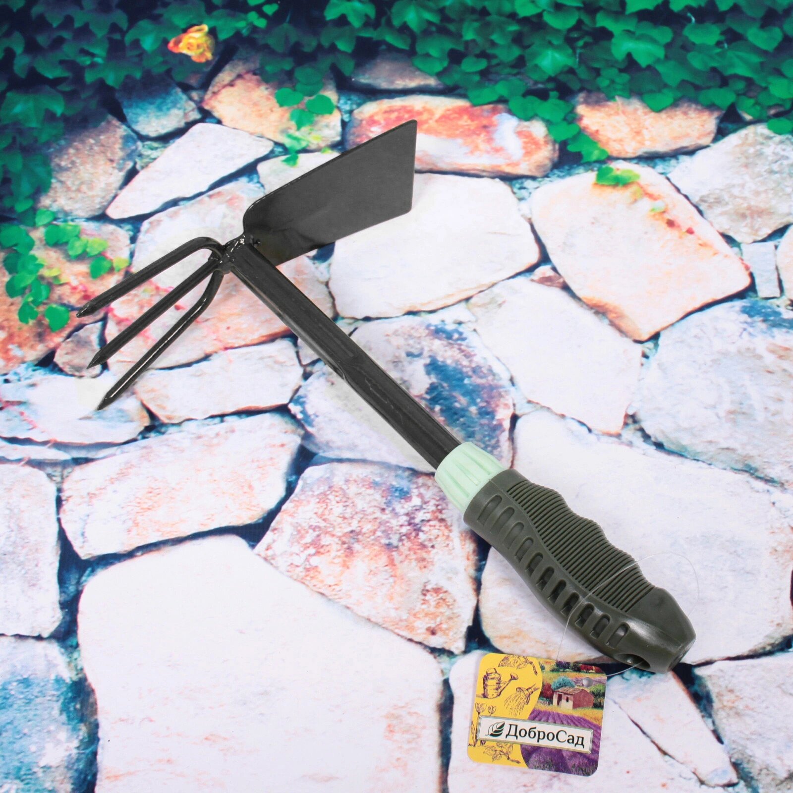 Мотыжка комбинированная «Эвкалипт», рыхлитель и бороздовик, металл/пластик, черно-зеленая ручка