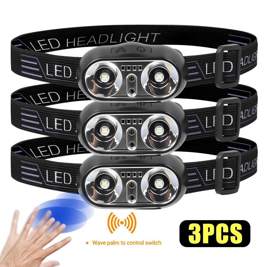 USB-перезаряжаемый налобный фонарь с датчиком Sensor Headlamp 3pcs