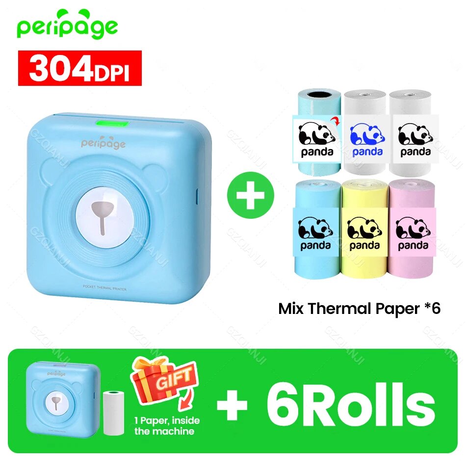 Портативный мини-фотопринтер GZQIANJI Peripage A6 304dpi 304BL add 6Rolls