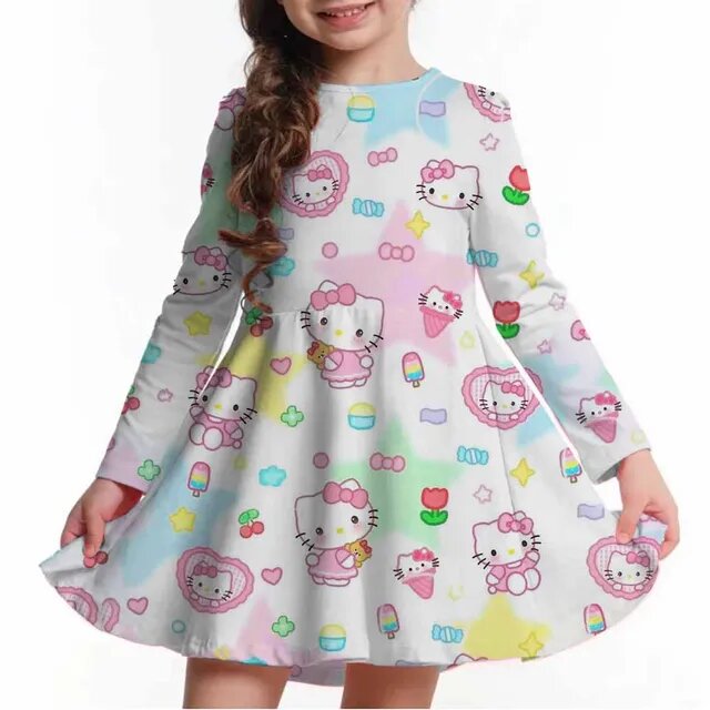 Это платье с длинными рукавами Hello Kitty идеально подойдет девочкам для вечеринок и детских каникул весной, а также для повседневной носки осенью.