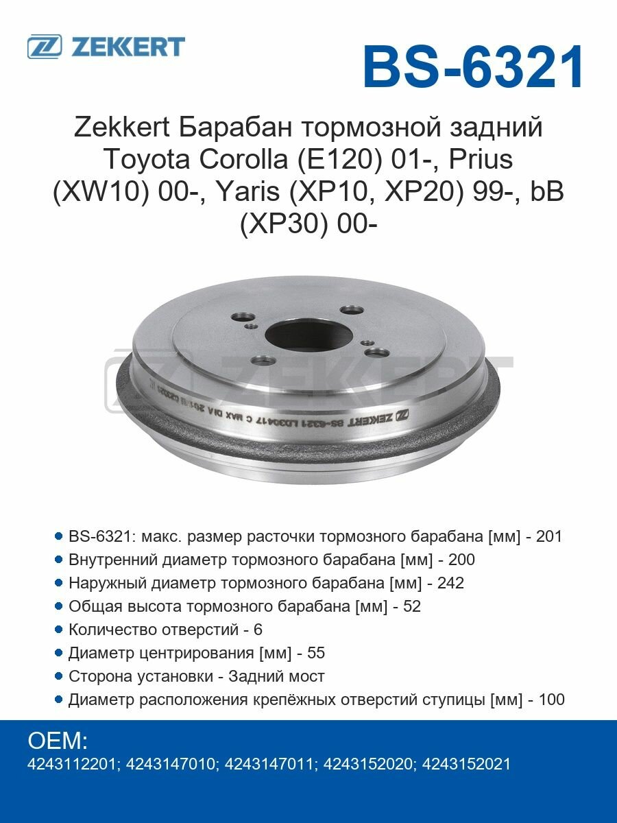 Zekkert Барабан тормозной задний Toyota Corolla (E120) 01-, Prius (XW10) 00-, Yaris (XP10, XP20) 99-, bB (XP30) 00-