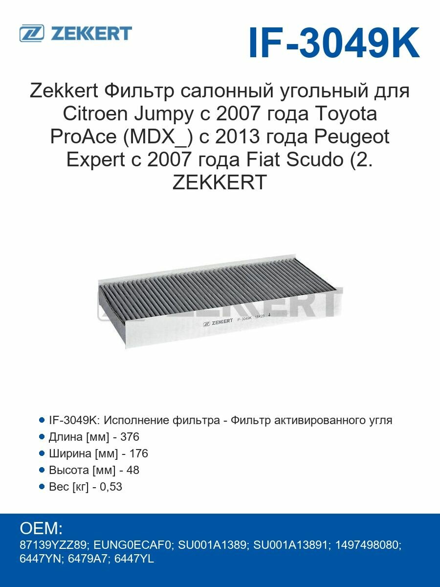 Zekkert Фильтр салонный угольный для Citroen Jumpy с 2007 года Toyota ProAce (MDX_) с 2013 года Peugeot Expert с 2007 года Fiat Scudo (2. ZEKKERT