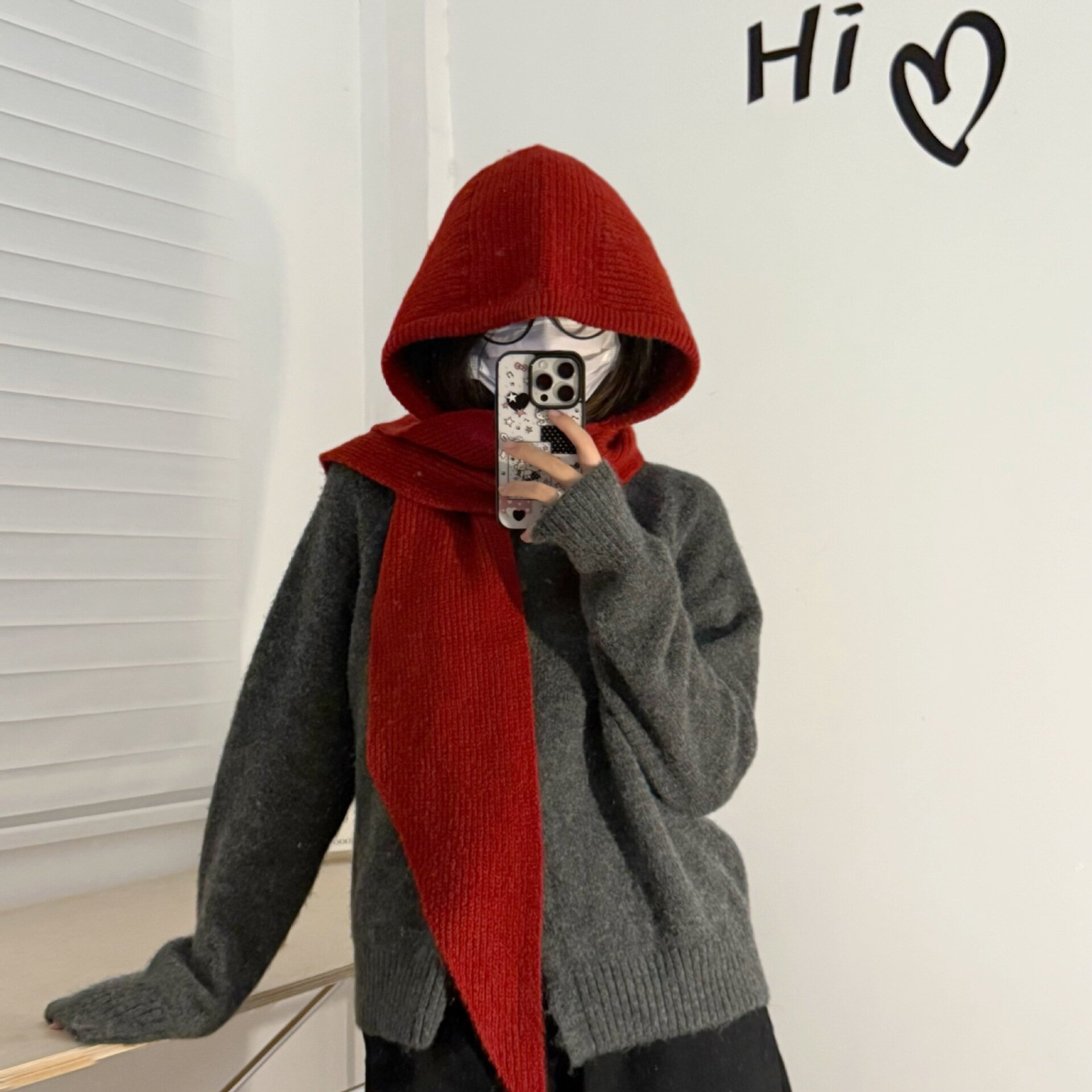 Стиль заказа~Красная балаклава для женщин, шерстяная вязаная шапка, защита ушей, комбинация шапки и шарфа