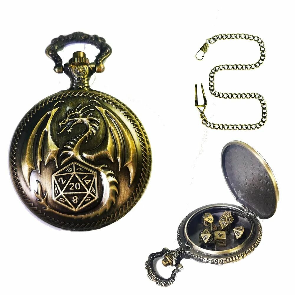 Мини-набор кубиков днд в часах - 7 шт. Дайсы для Dungeons & Dragons из цинкового сплава. Кости игральные DnD в черном корпусе карманных часов. Кубики dnd миниатюрные