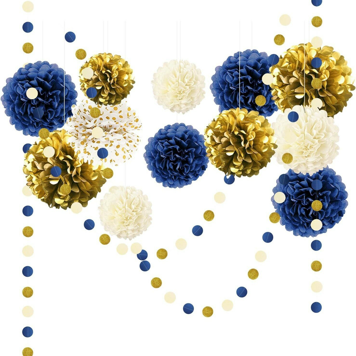Набор помпонов с гирляндой "Барокко", синий/золотой, 15 шт. для украшения праздника