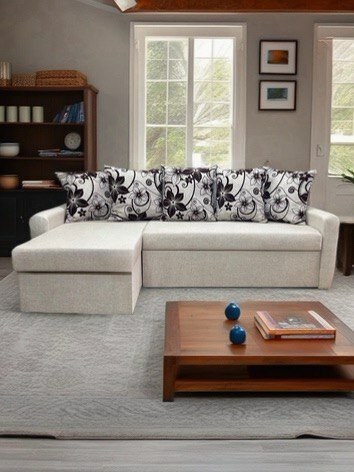 Угловой диван-кровать "Мартин", Еврокнижка, бежевая рогожка - принт цветы, угол левый