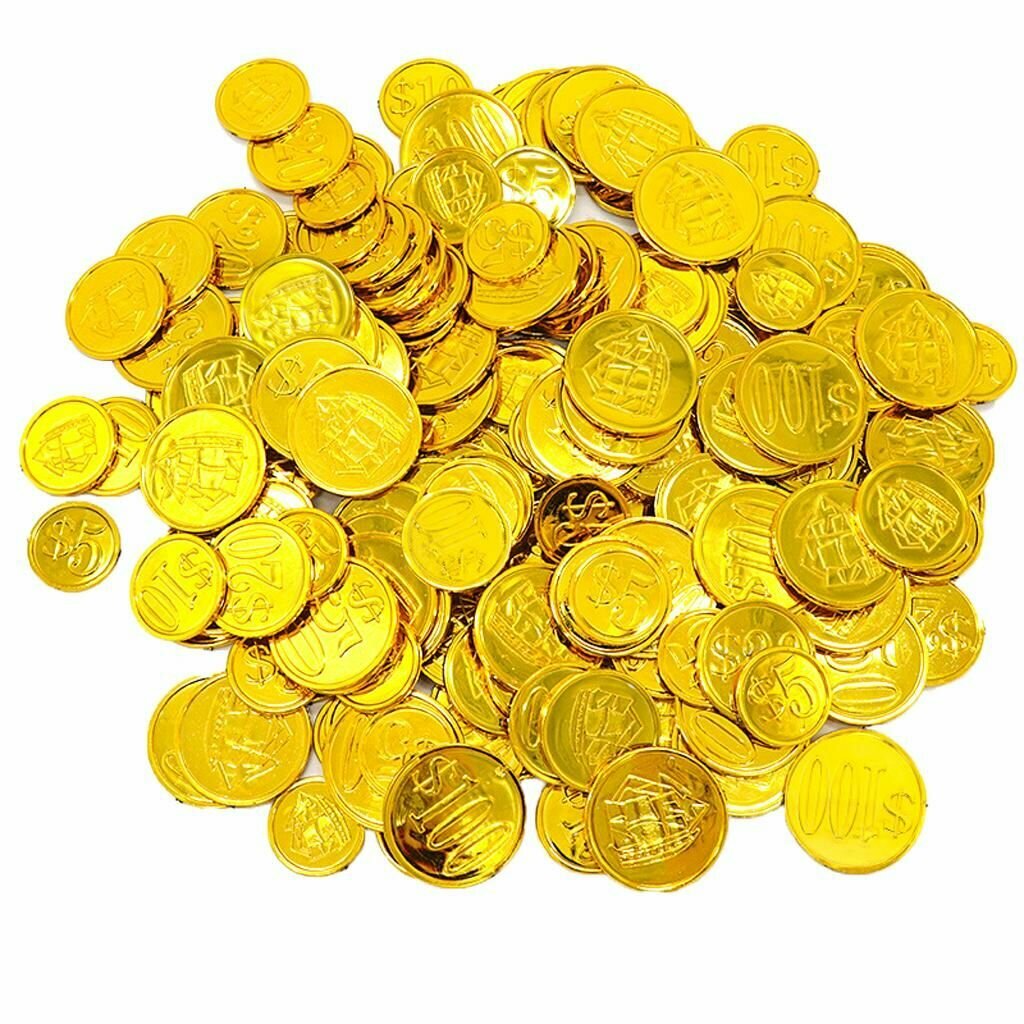 100 шт. пластмассовых пиратских золотых монет для детских дней рождения, сувениров, игрушечных денег