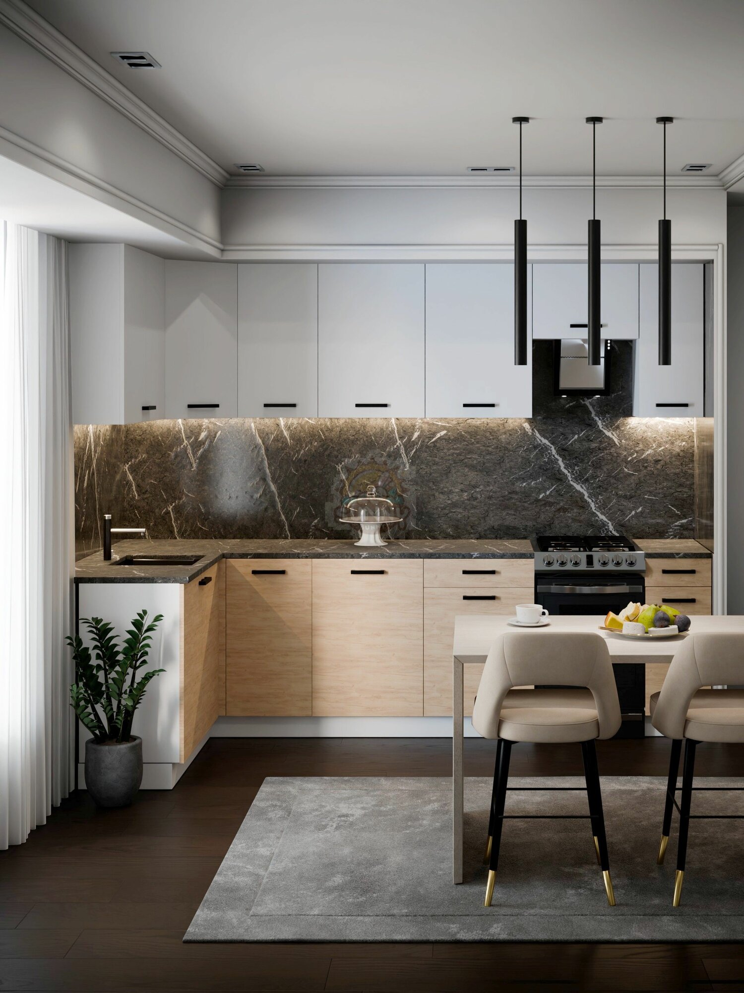 Кухня модульная угловая со столешницей Мария, 140см х 290см, Белый гладкий/Дуб Вотан ЛДСП, 180х290х60 см, столеш-а 60 см