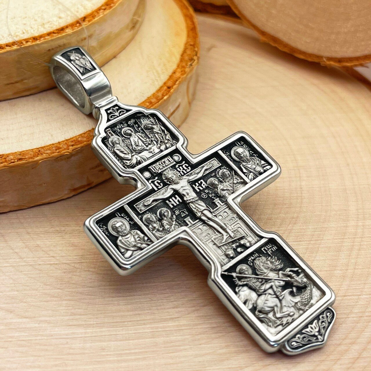 Крестик Русские Мастерские, серебро, 925 проба, чернение, родирование