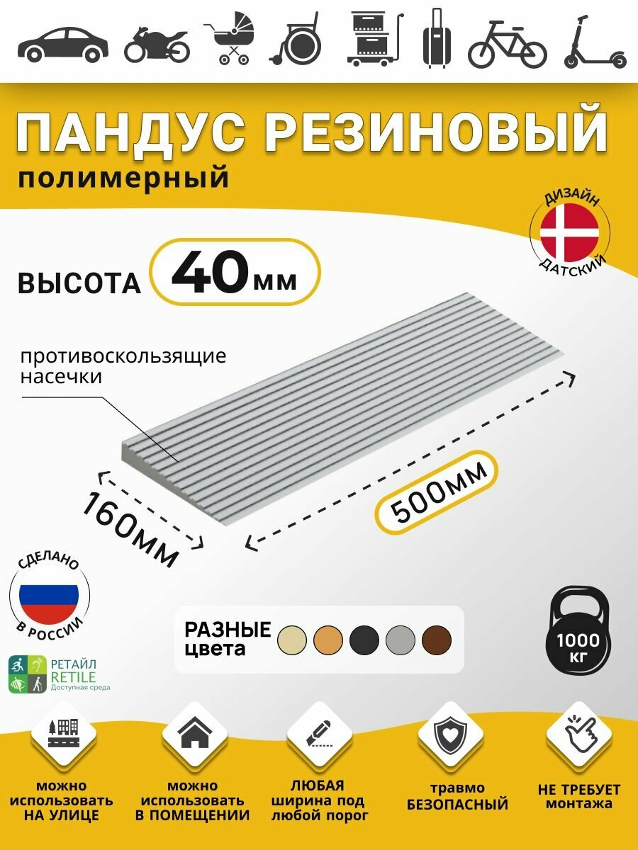 Пандус резиновый рубеж для порогов высотой 4 см (40х500х160 мм), серый, для колясок, склада и автомобилей