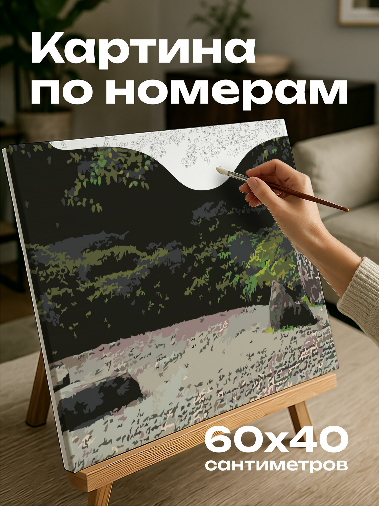 Картина по номерам 60x40 см, японский альпинарий, цифровое изображение, минимализм, гравий, камни, зеленый мох, фон