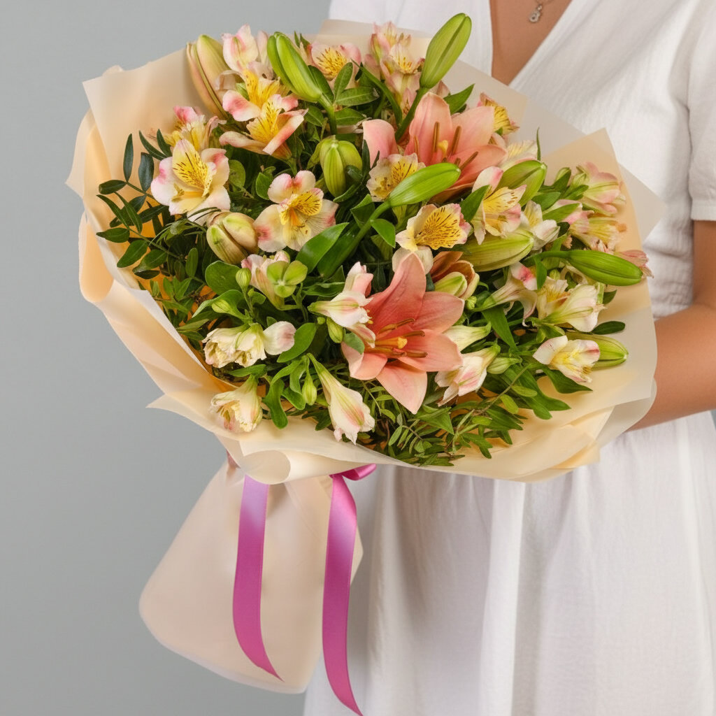 Букет "Альстромерии Розовые и Лилии Розовые" размер S