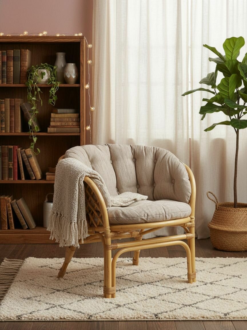 Кресло плетёное из ротанга с мягкими подушками