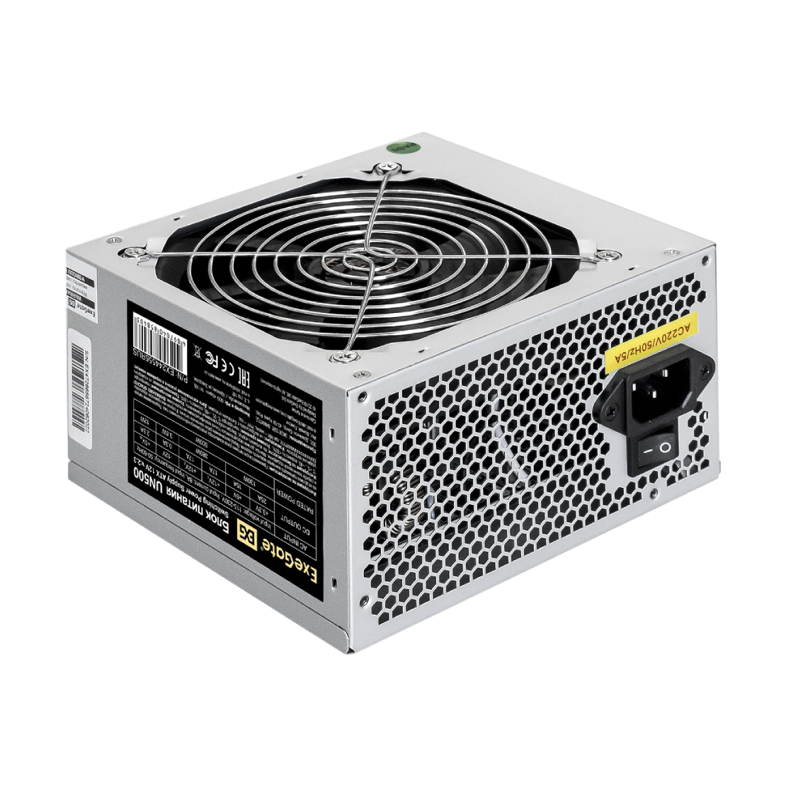 Блок питания ExeGate UN500, 120 мм, 500 Вт, ATX, 24 pin, активный PFC, серый