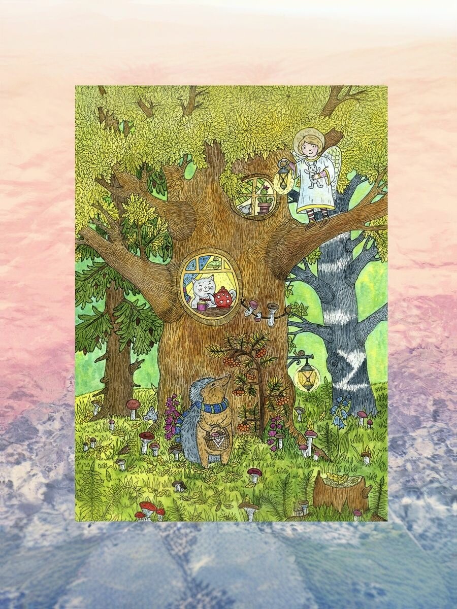 Открытка с ежиком и ангелом Поздравительная открытка с Днем рождения с конвертом в подарок