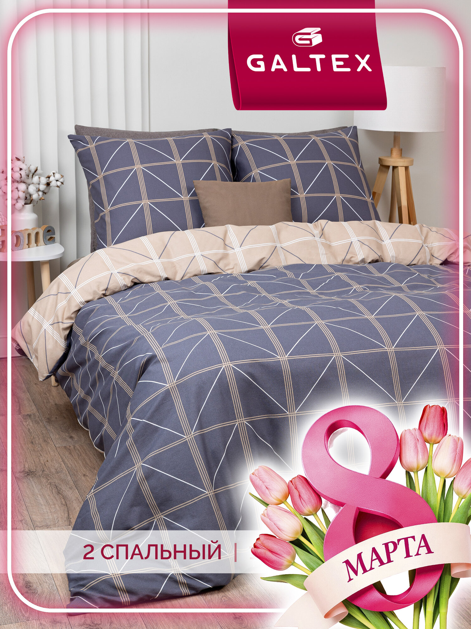 Постельное белье 2 спальное (2 нав.50х70) Бязь, Хлопок с простыней на резинке GALTEX Теорема