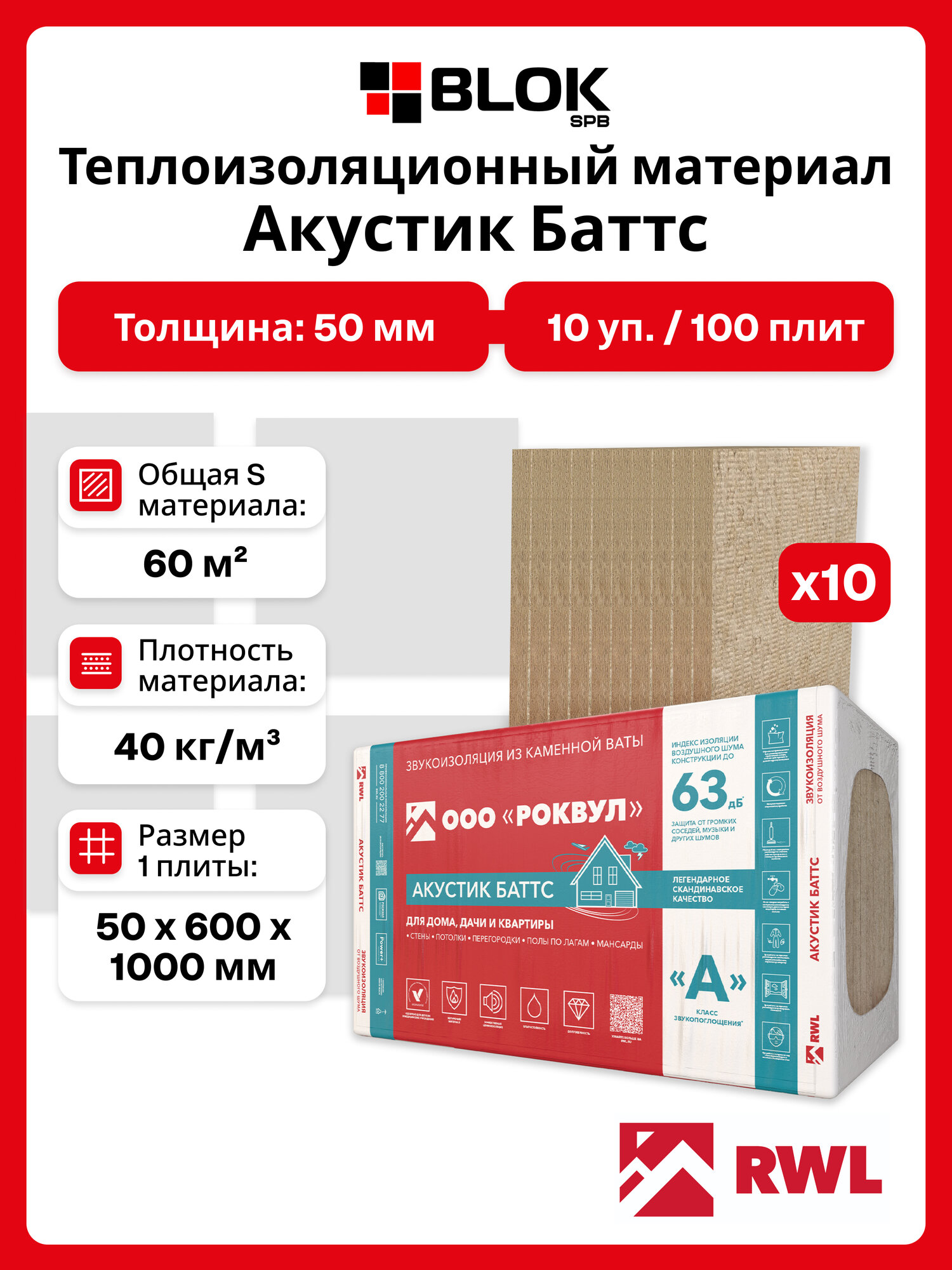 ROCKWOOL акустик баттс 50 мм (10 уп. / 60 м2 / 100 шт.) звукопоглощающие плиты из каменной ваты для пола, потолка, стен