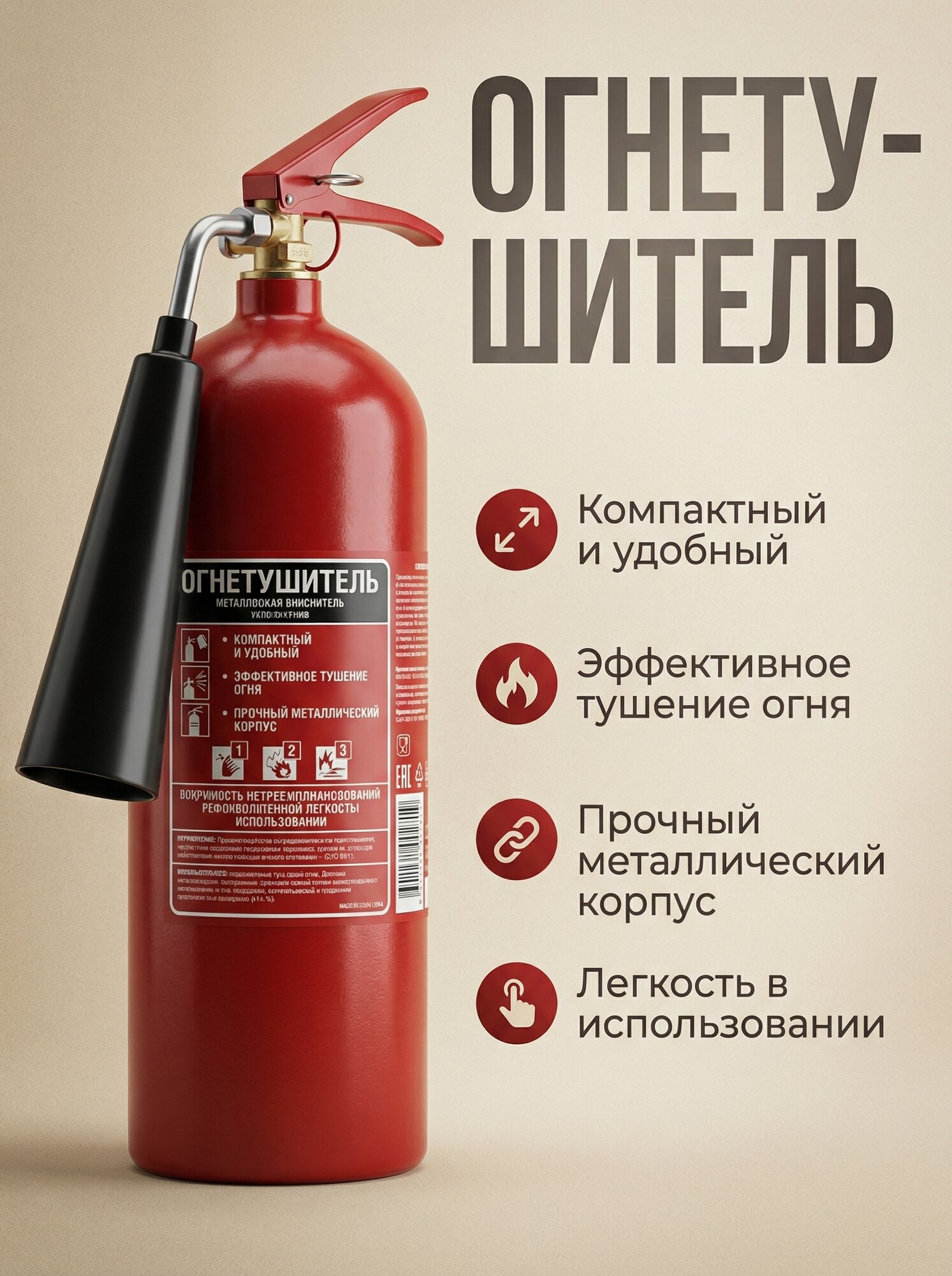 Огнетушитель ОУ-3, углекислотный, переносной, 3 кг, 49 см х 13.5 см