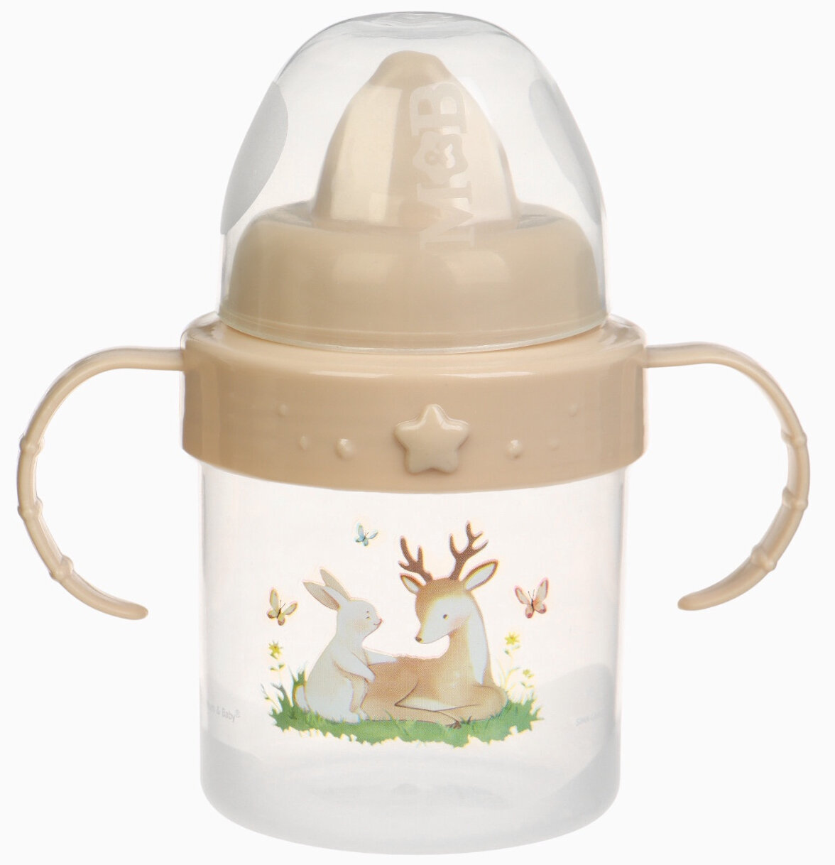 Поильник-бутылочка детский с твёрдым носиком "Оленята. Мамы и малыши", тренировочная чашечка-непроливайка с защитным колпачком и удобными ручками для малышей, 150 мл, цвет розовый