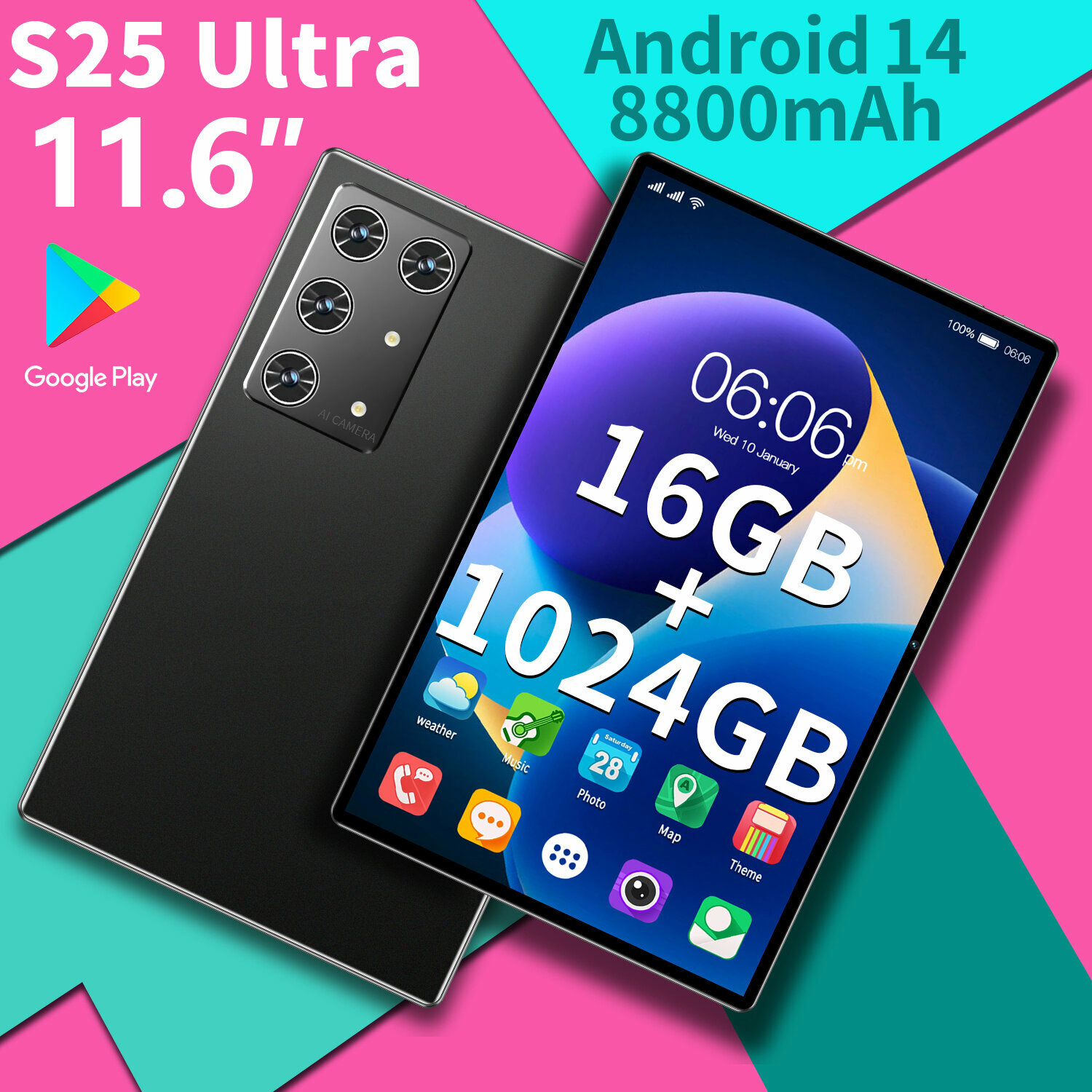 Игровой планшет S25 Ultra, 16GB, 1TB, 90Hz, экран 11,6", Водонепроницаемый, ударопрочный
