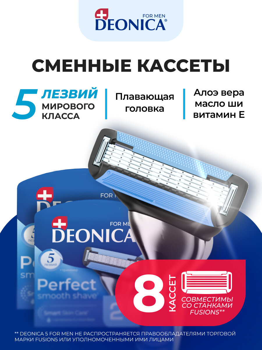 Сменные кассеты для мужской бритвы 5 лезвий для бритья DEONICA FOR MEN 8 шт