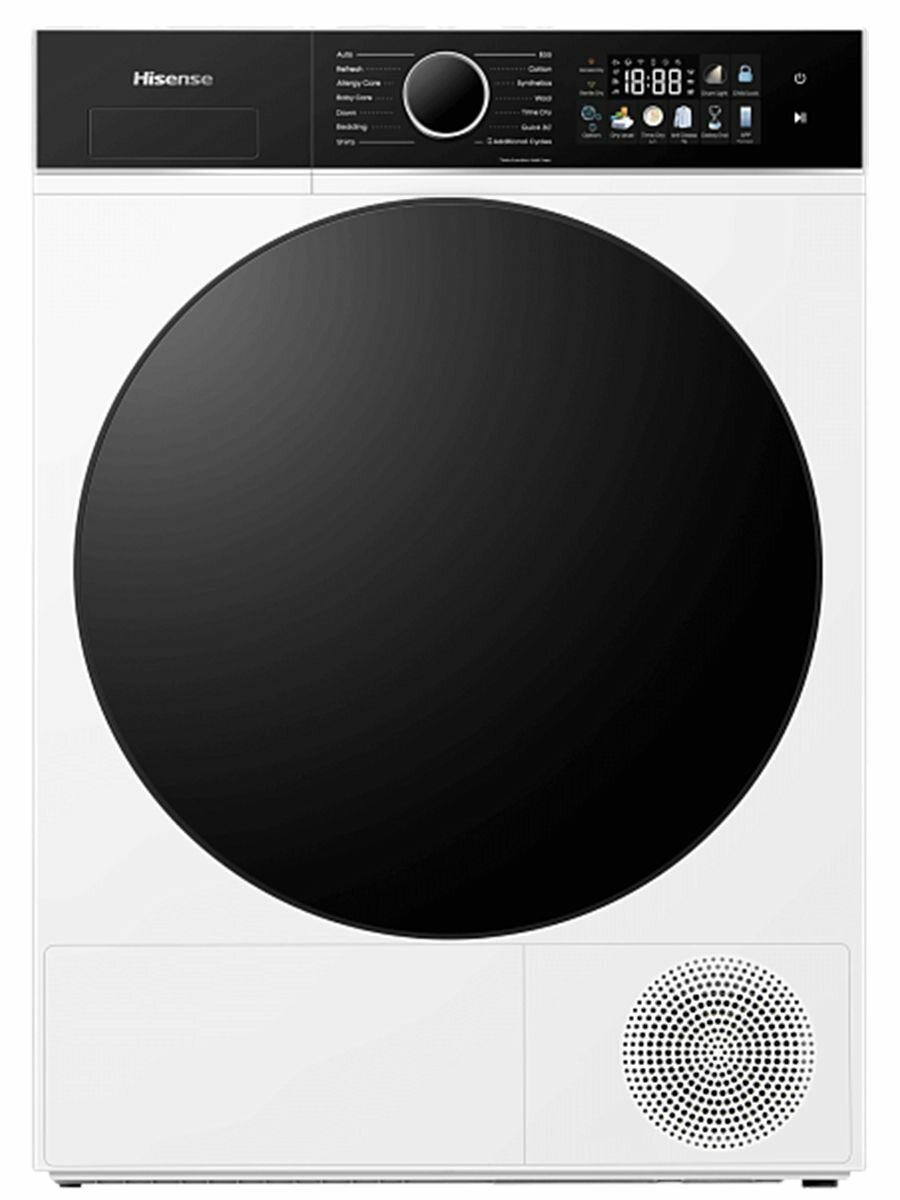 Сушильная машина Hisense DH3I802UW2D, 8 кг, 14 программ, Wi-Fi управление, перенавешиваемый люк, освещение барабана, датчик влажности белья, белый