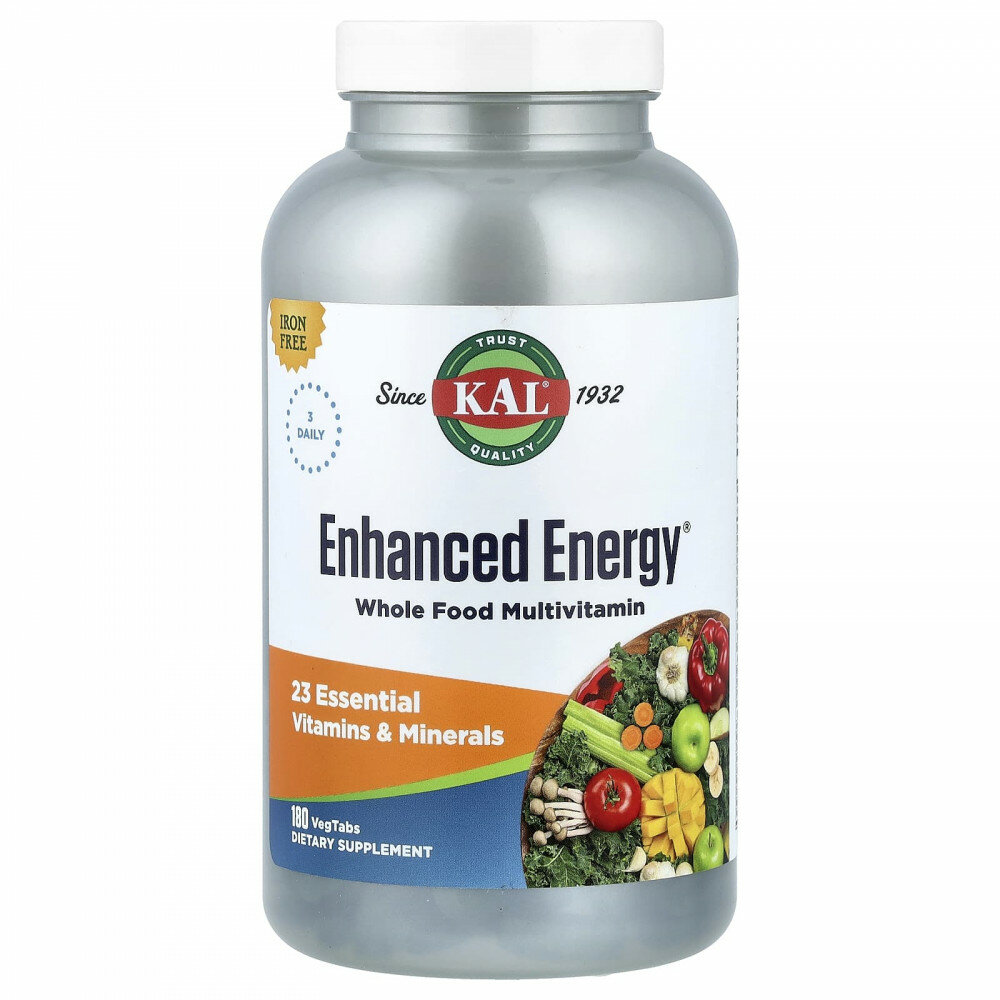 KAL, Enhanced Energy®, мультивитамины из цельных продуктов, без железа, 180 растительных таблеток