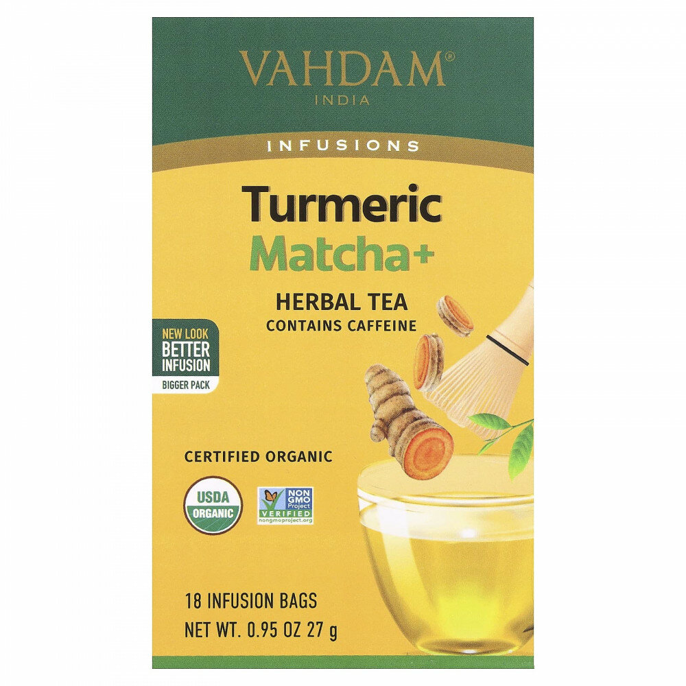 VAHDAM India, Infusions, травяной чай, куркума и матча, 18 пакетиков для заваривания, 27 г (0,95 унции)