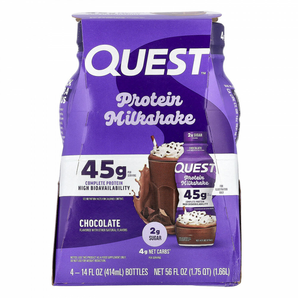 Quest Nutrition, Протеиновый молочный коктейль, шоколад, 4 флакона по 414 мл (14 жидк. Унций)