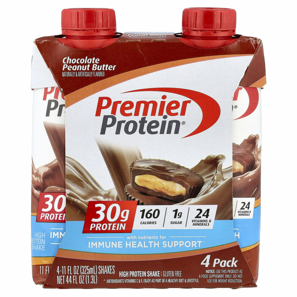 Premier Protein, высокопротеиновый коктейль, шоколад и арахисовая паста, 4 шт. по 325 мл (11 жидк. унций)