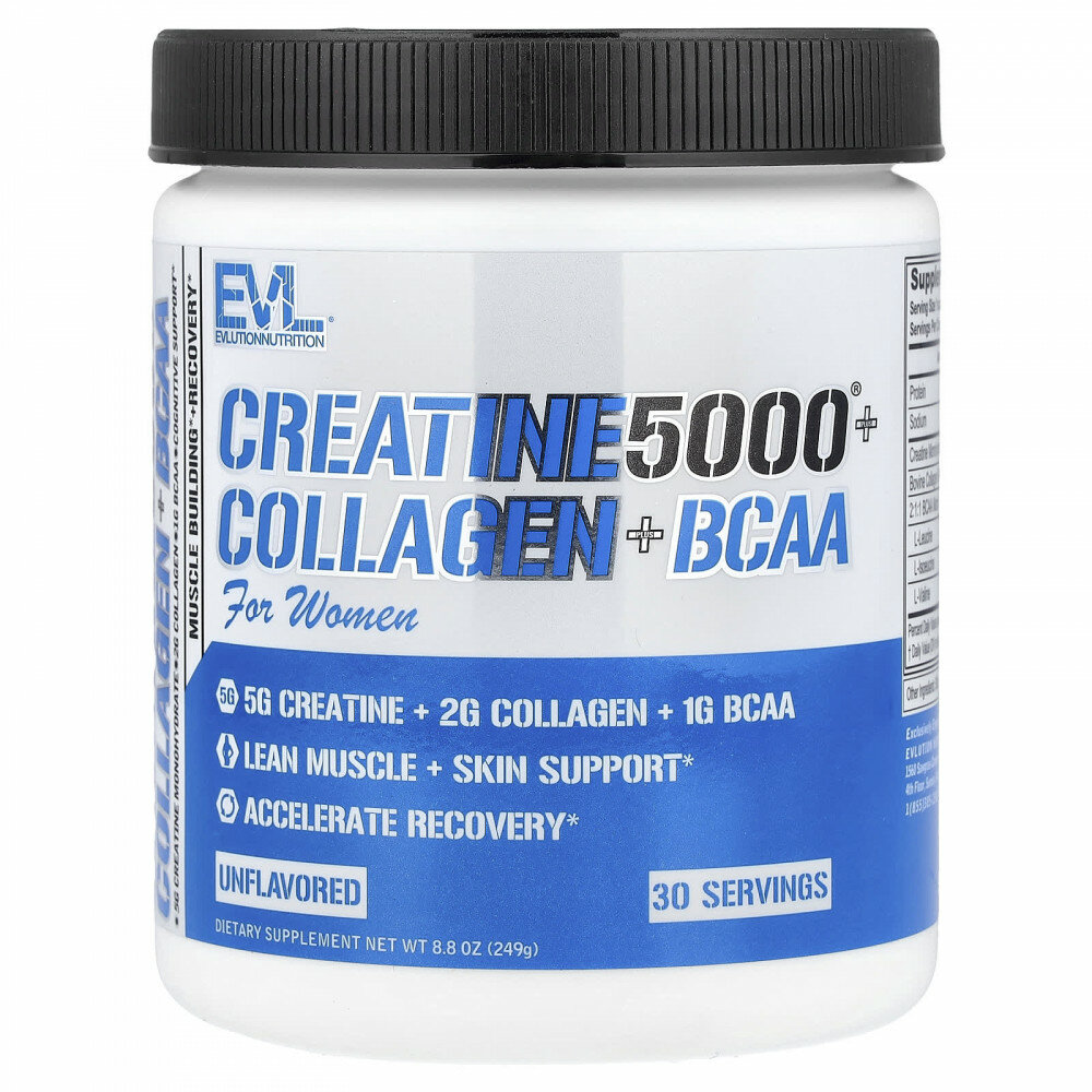 EVLution Nutrition, Creatine5000® с коллагеном и BCAA, для женщин, без добавок, 249 г (8,8 унции)
