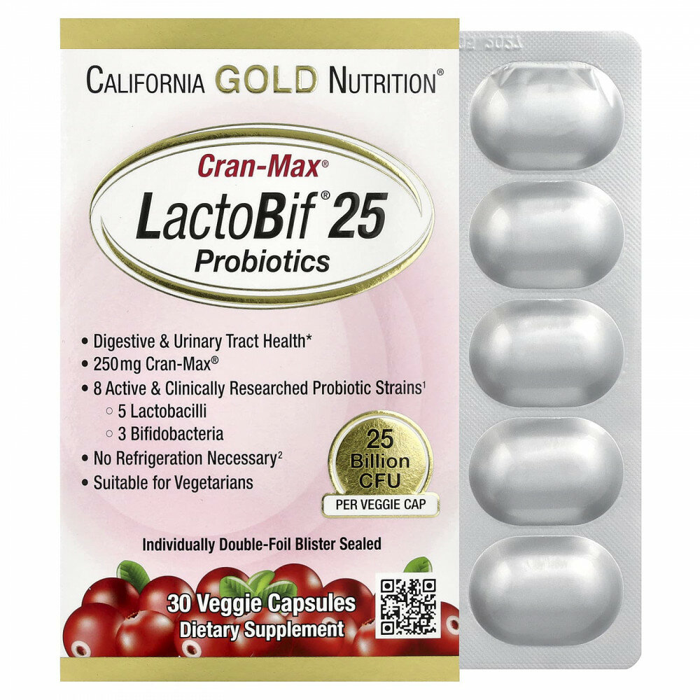 California Gold Nutrition, CranMax®, LactoBif®, пробиотики, 25 млрд КОЕ, 30 растительных капсул