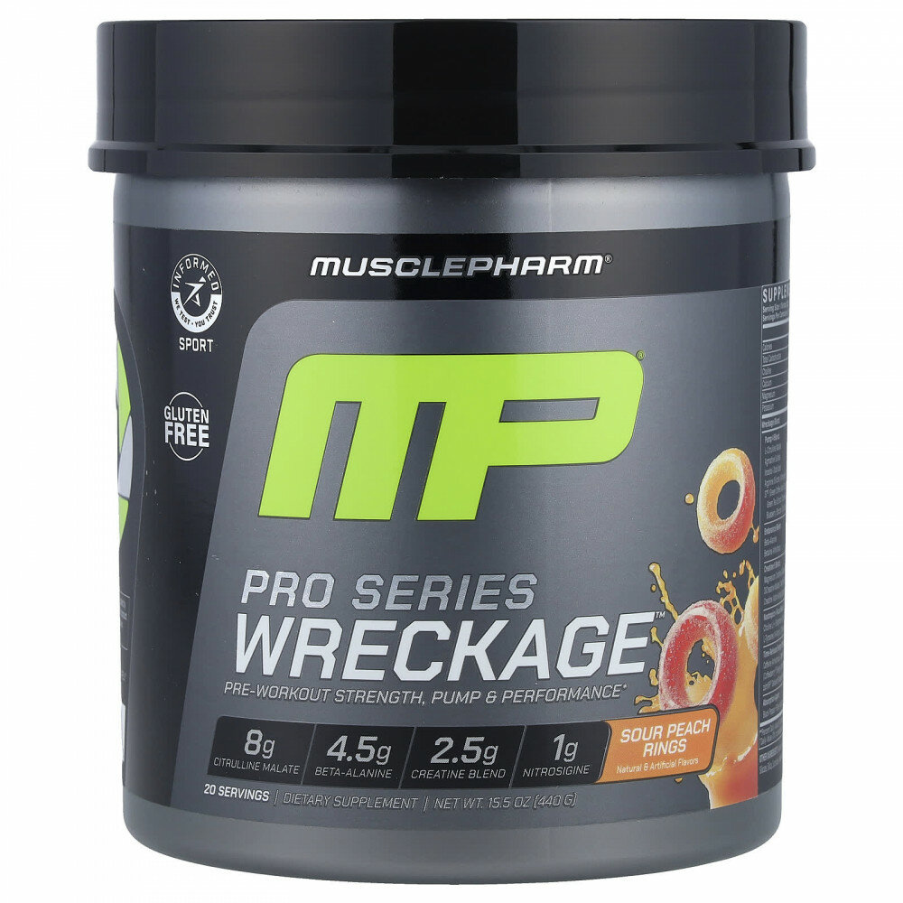 MusclePharm, Pro Series Wreckage™, предтренировочный комплекс, кусочки кислого персика, 440 г (15,5 унции)