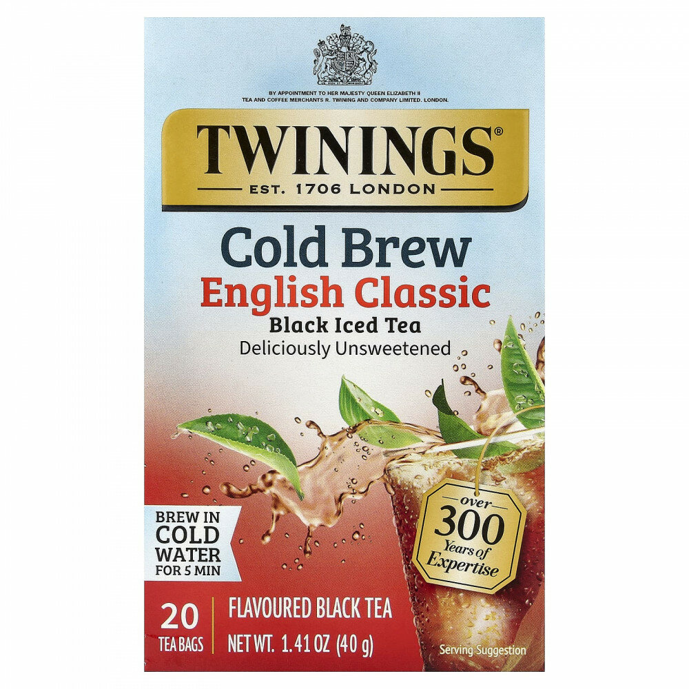 Twinings, холодный холодный чай, черный чай, классический английский, без подсластителей, 20 чайных пакетиков, 40 г (1,41 унции)