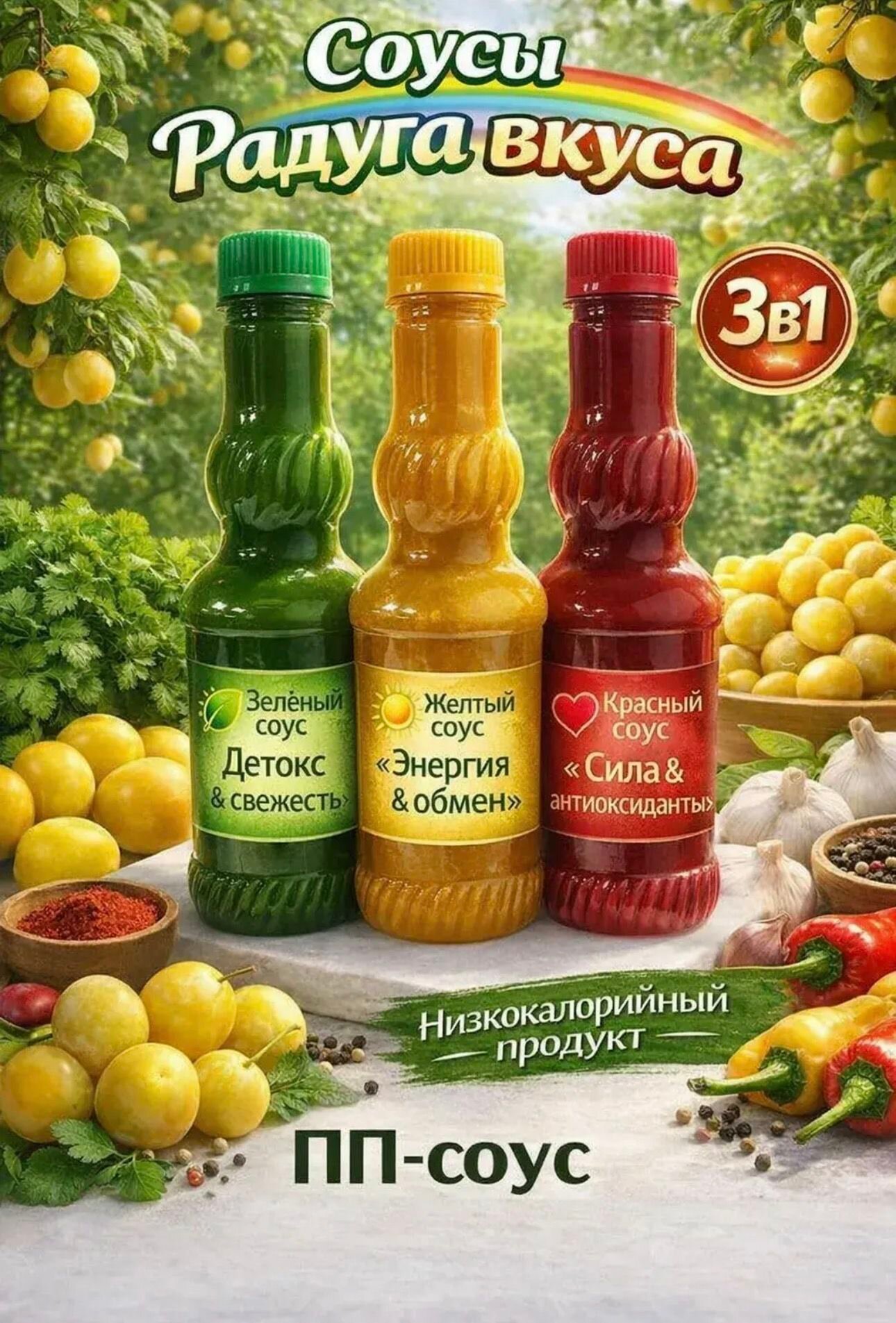 Набор 3бут - Соусы Радуга вкусов ПП-соусы, авторские ремесленные без сахара/без химии, 3*300г