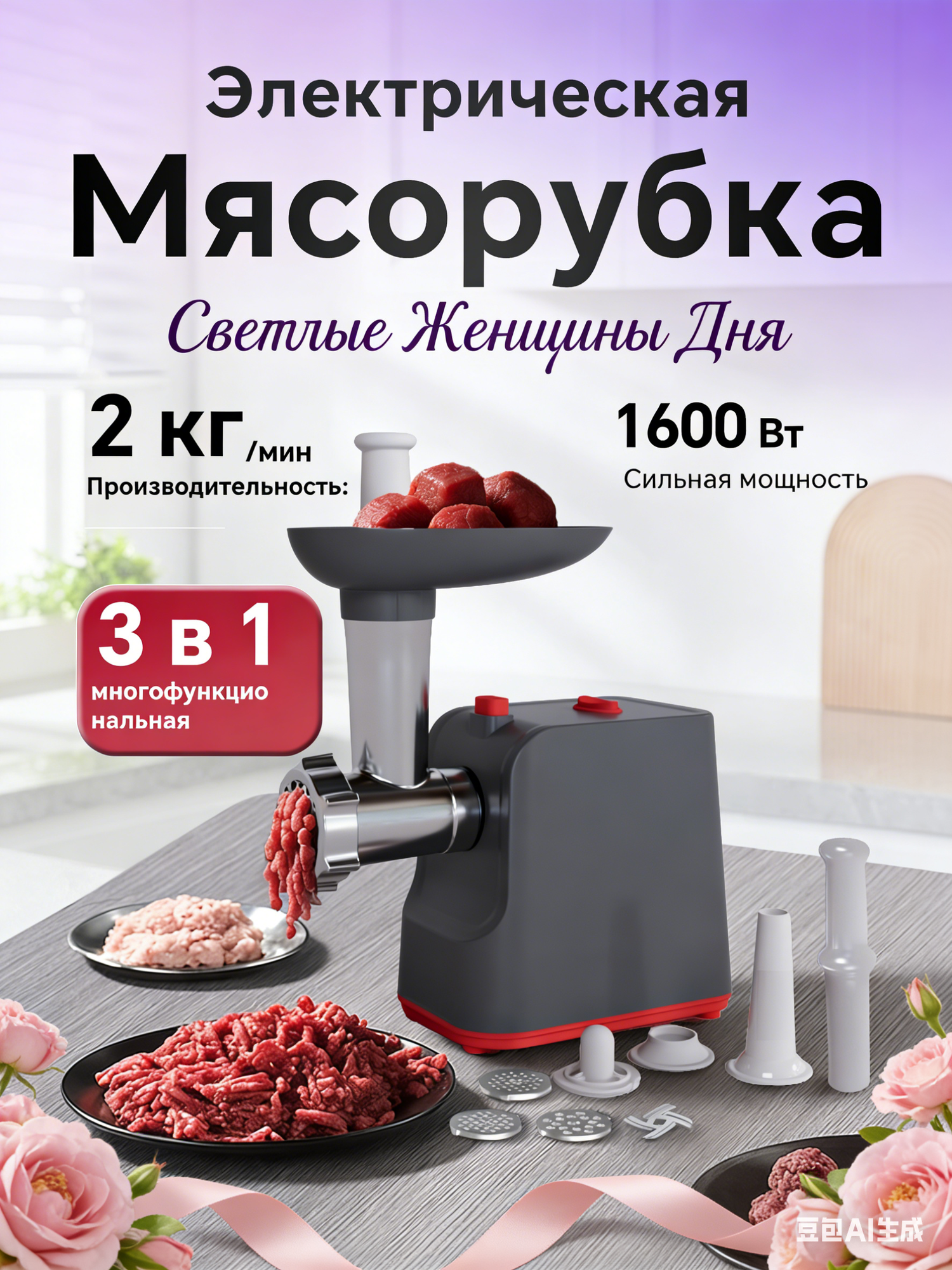Мясорубка электрическая, Сяомин, с насадками, мощность 1600 Вт, 2 кг/мин