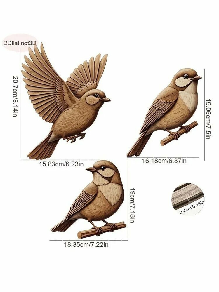 Набор из 3 деревянных воробьев, Плоский (2D) дизайн, настенное панно, декор для гостиной и спальни, современный стиль