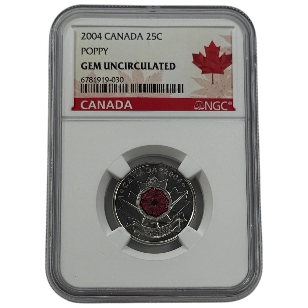 Канада 25 центов 2004 г. (День памяти) (Цветное покрытие) (Слаб NGC GEM UNC)