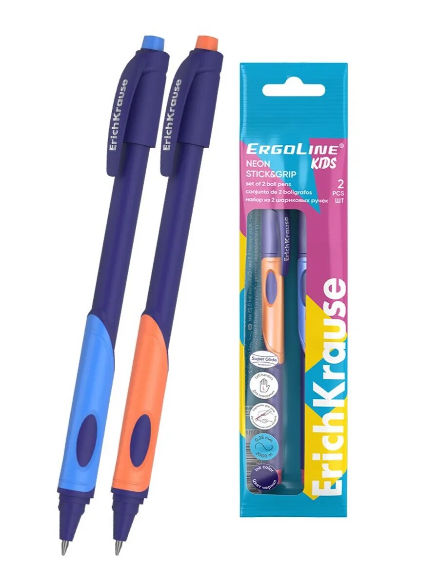 Ручка шар. ErgoLine Kids Neon для левшей 0.5 синие, 2 шт.