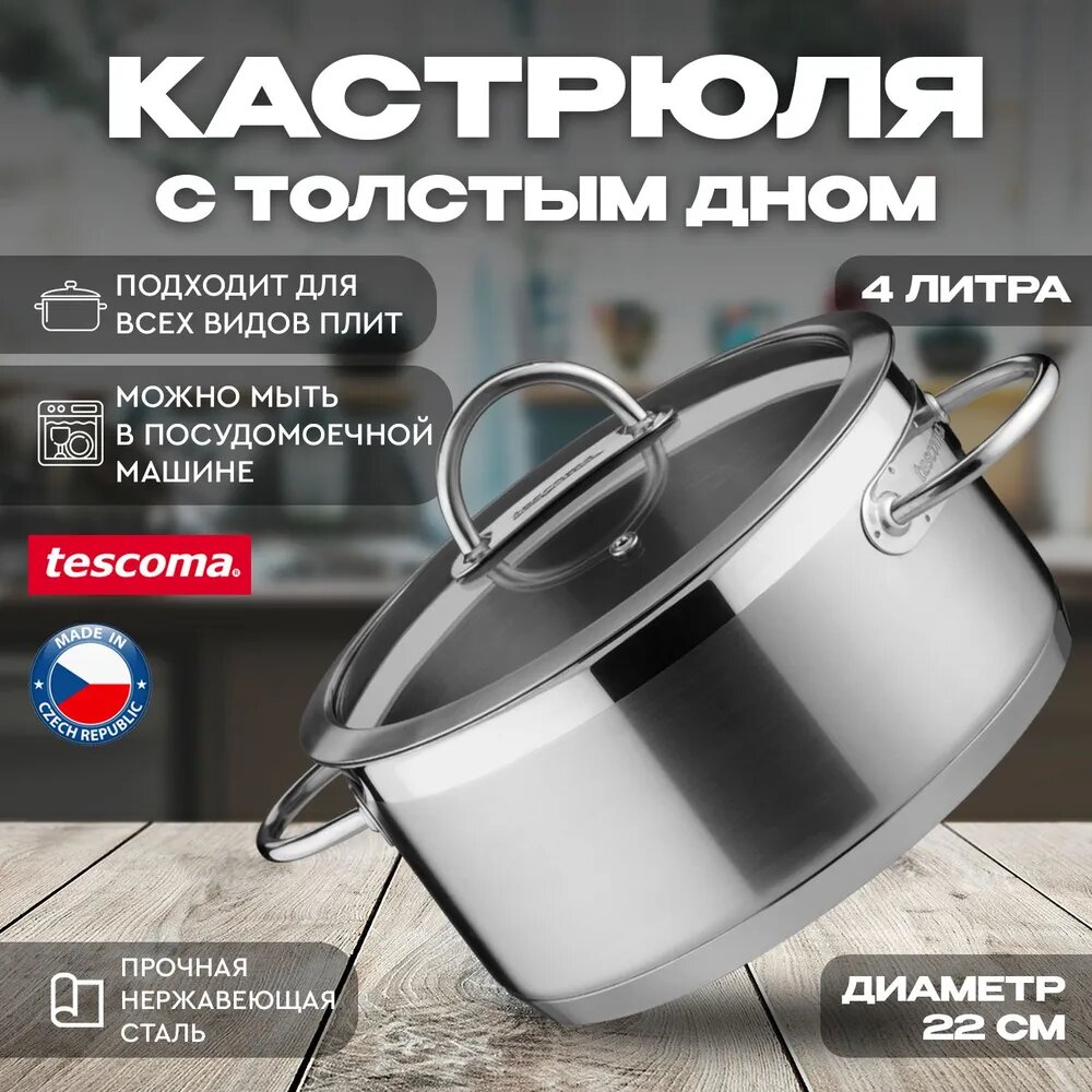 Кастрюля Tescoma Vision из нержавеющей стали со стеклянной крышкой 4 л, диаметр 22 см, 1 шт
