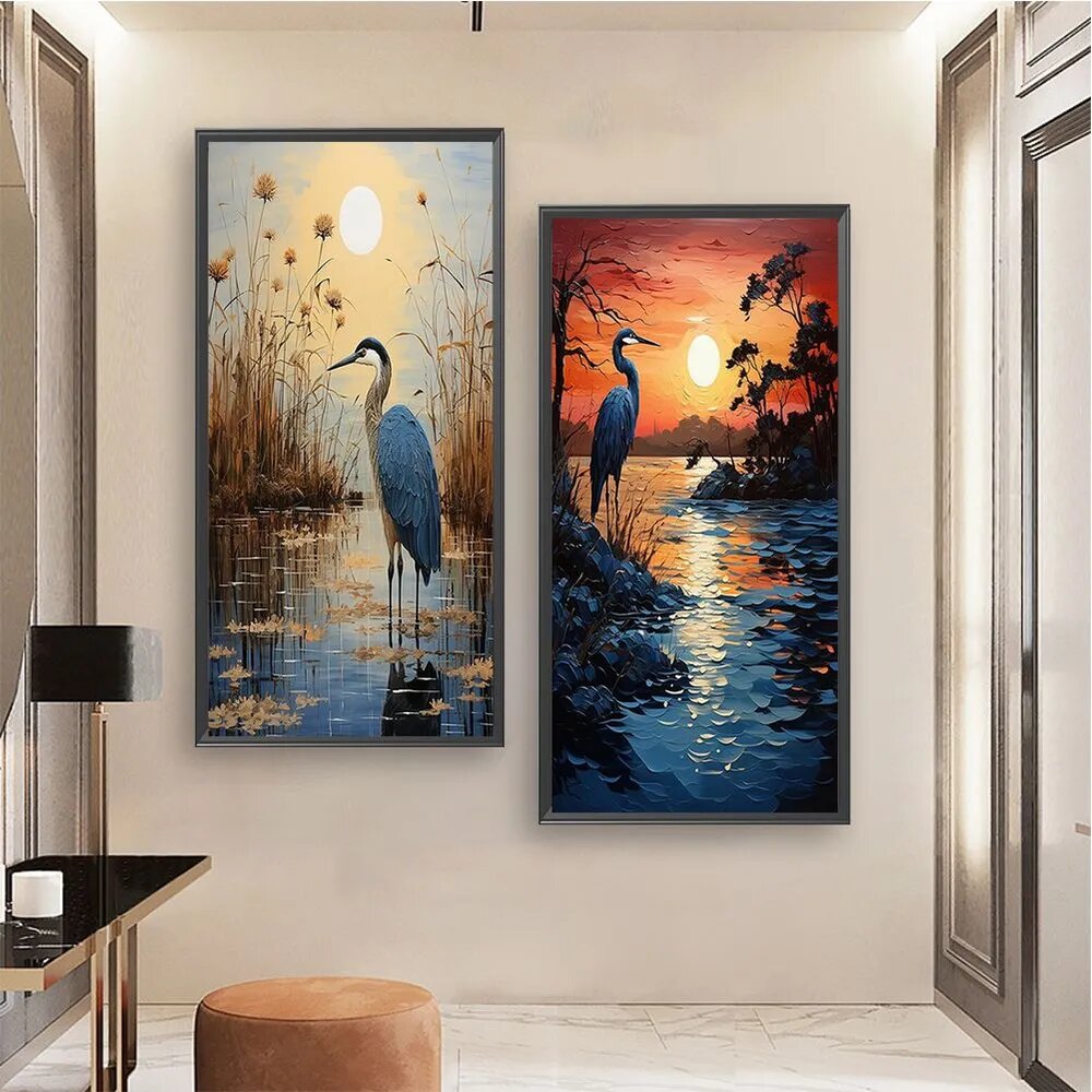 Цифровая картина маслом, океанский пейзаж, белая цапля и цветы, набор картин для украшения дома из 2 предметов, 40х80 см